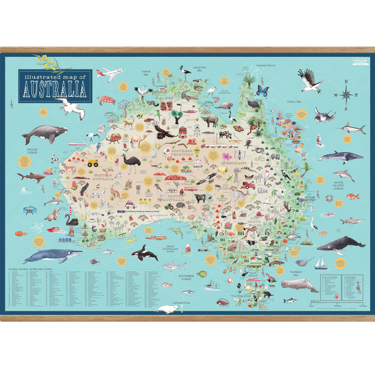 Australia Illustrated Wall Map with Hanging Rails - Geographica